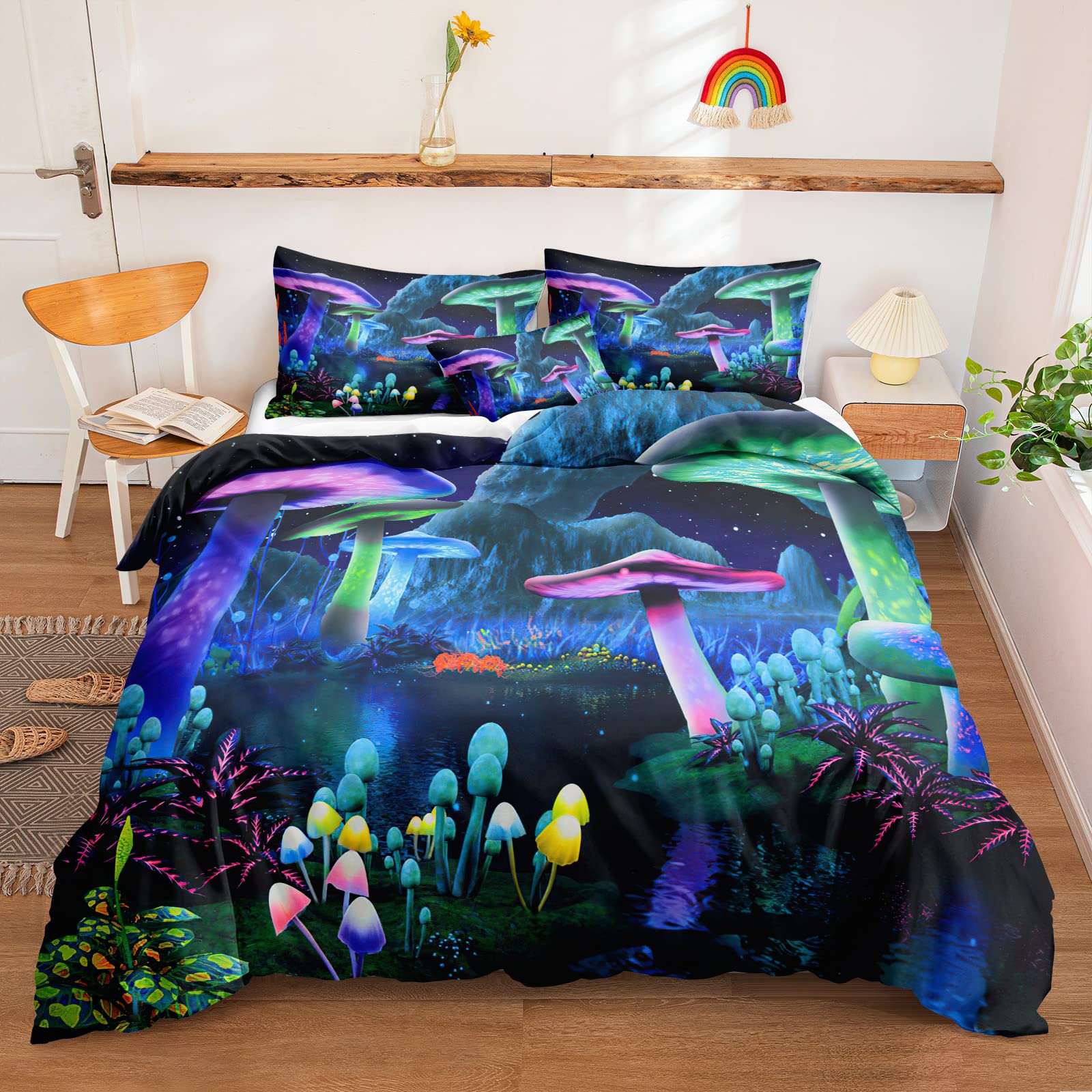 Mushroom Bedding Trippy Mushroom Duvet Cover Set Galaxy Sky Green Purple Mushroom Design Magic Cartoon Bedding Sets King 1 Duvet Cover 2 Pillowcases (King, Mushroom)