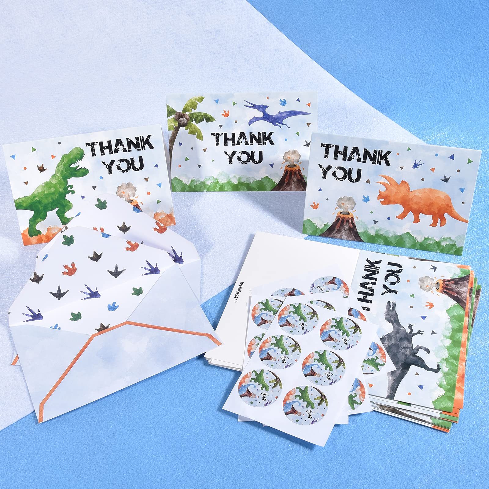 WERNNSAI Watercolor Dinosaur Kids Thank You Cards with Envelopes - Dinosaur Theme Party Supplies 24 Pcs Birthday Note Card with Dino Stickers for Boy Girl Fill in Blank Gift Cards 4'' X 6''