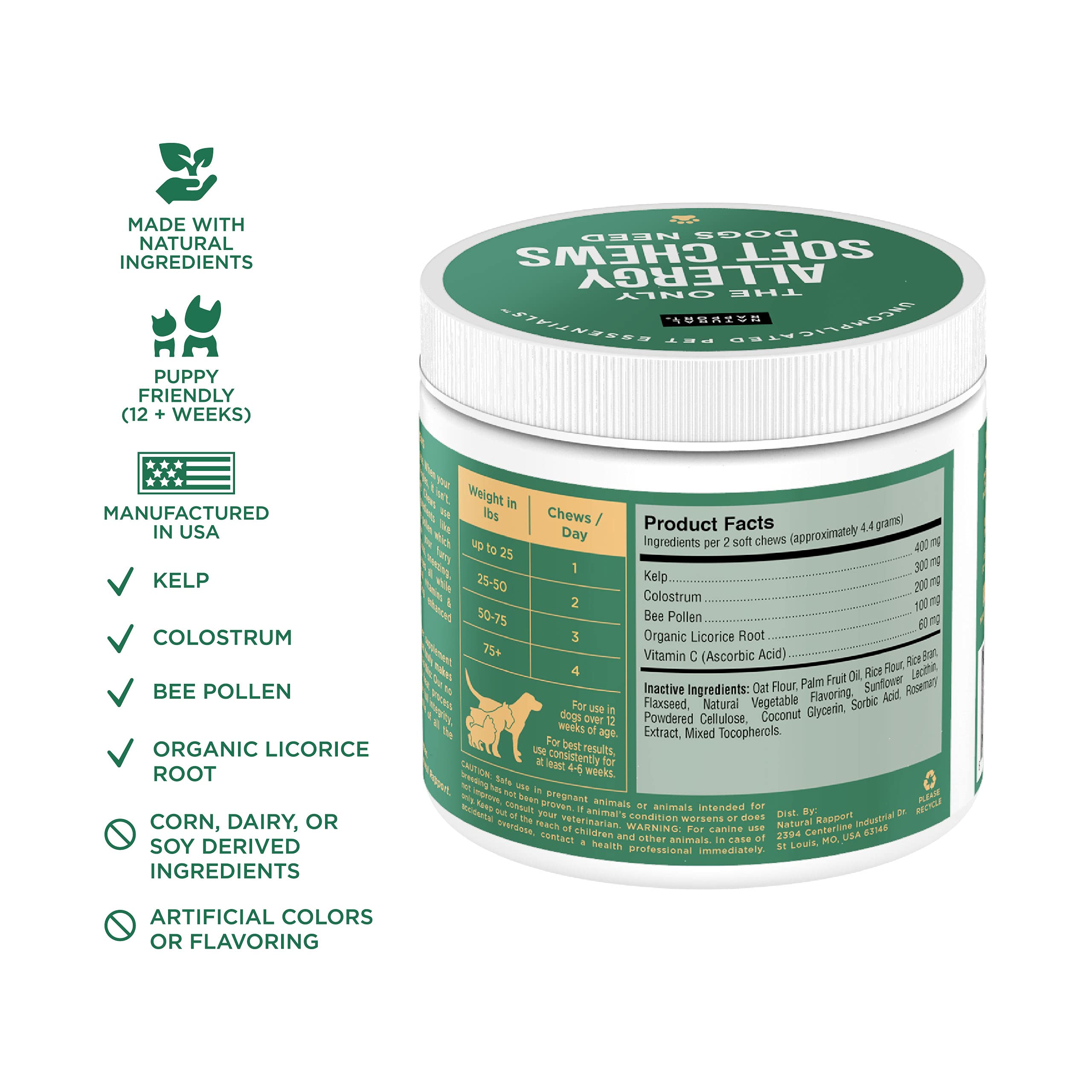 Natural Rapport Dog Allergy Supplement - The Only Allergy Soft Chews Dogs Need - 120ct Treats That Contain Kelp and Bee Pollen for Allergy and Itch Relief