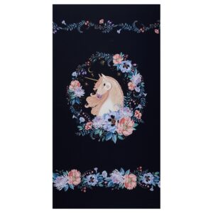 michael miller fabrics mystical meadow unicorn dreams panel ink, fabric by the yard