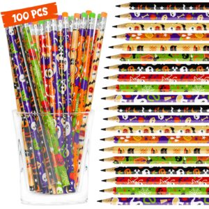 aberlls 100pcs halloween pencil assortment with eraser, colorful wood pencils in halloween design, halloween party favors for kids, halloween goodies bags filler, classroom reward for kids age 3+