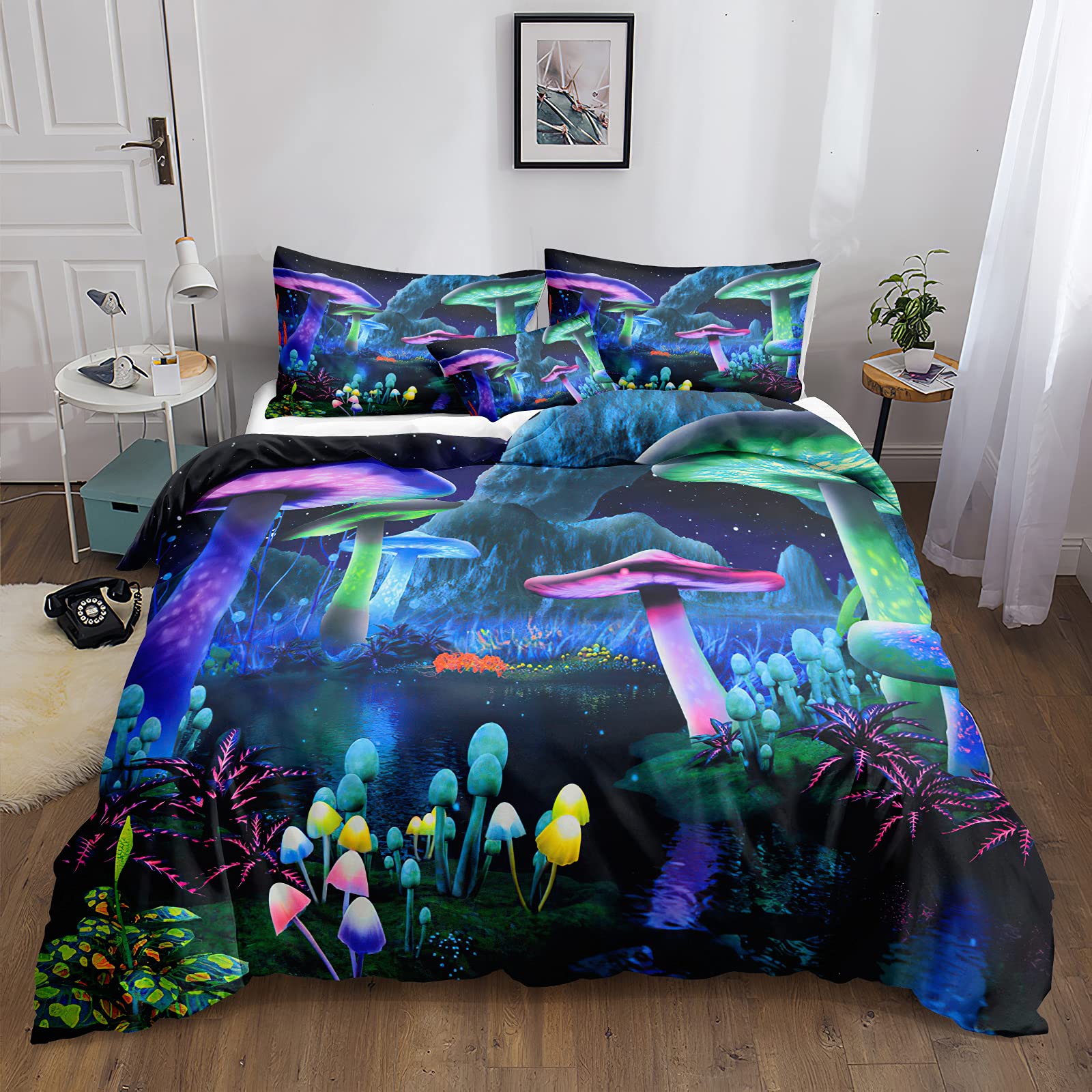 Mushroom Bedding Trippy Mushroom Duvet Cover Set Galaxy Sky Green Purple Mushroom Design Magic Cartoon Bedding Sets King 1 Duvet Cover 2 Pillowcases (King, Mushroom)