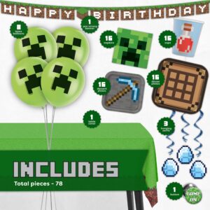 Mega Minecraft Party Supplies and Decorations Set, Minecraft Birthday Party Supplies, Serves 16 Guests, Includes Plates, Banner, Table Cover, Balloons and More