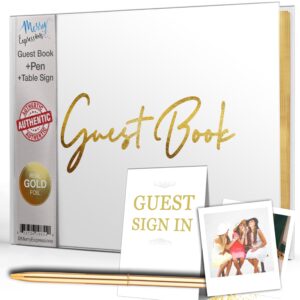 white & gold wedding guest book w/ pen & table sign - guestbook sign in for reception, birthday parties, bridal or baby shower - gilded pages, size 7"x9" inches - blank left page for polaroids