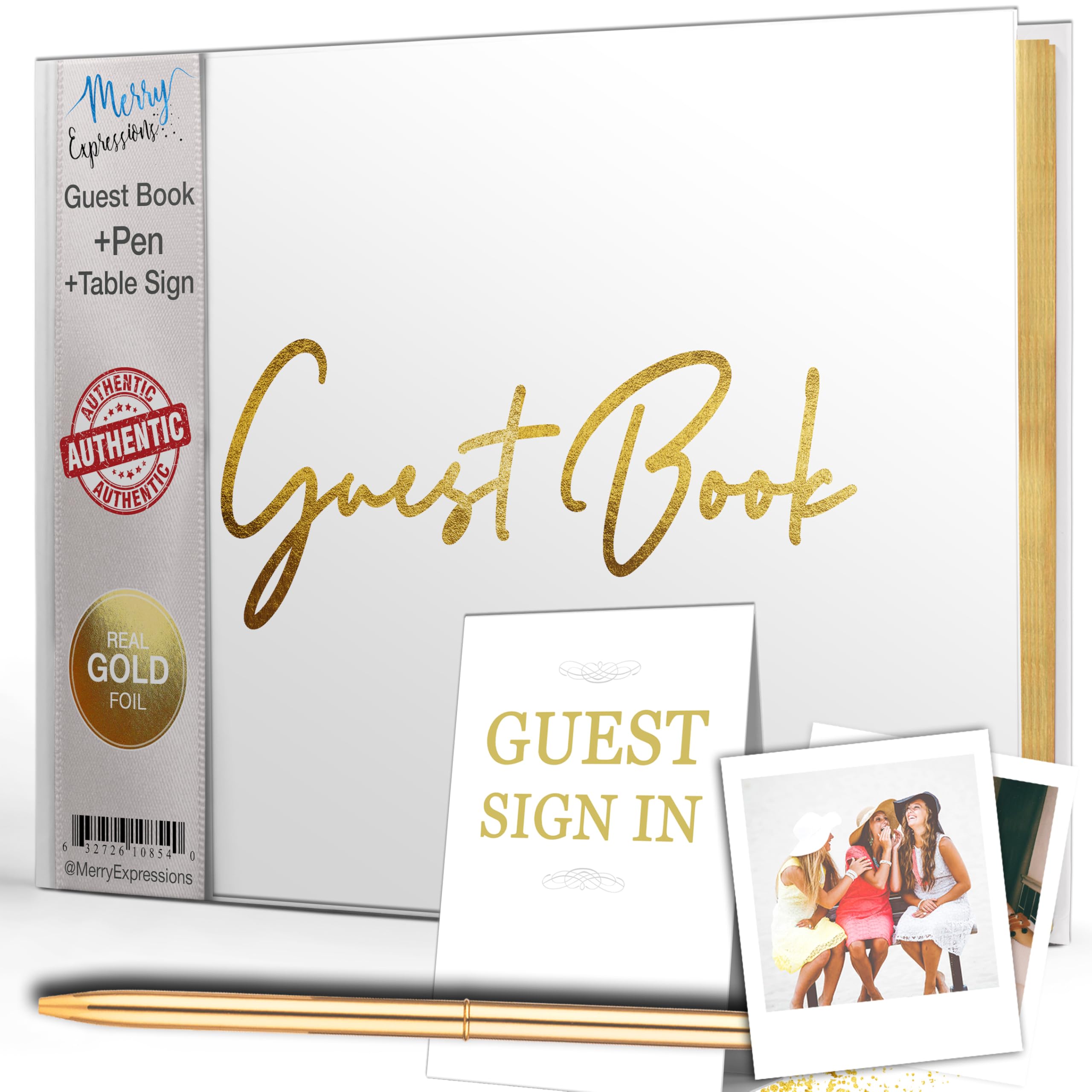 White & Gold Wedding Guest Book w/ Pen & Table Sign - Guestbook Sign in for Reception, Birthday Parties, Bridal or Baby Shower - Gilded Pages, Size 7"x9" inches - Blank Left Page for Polaroids