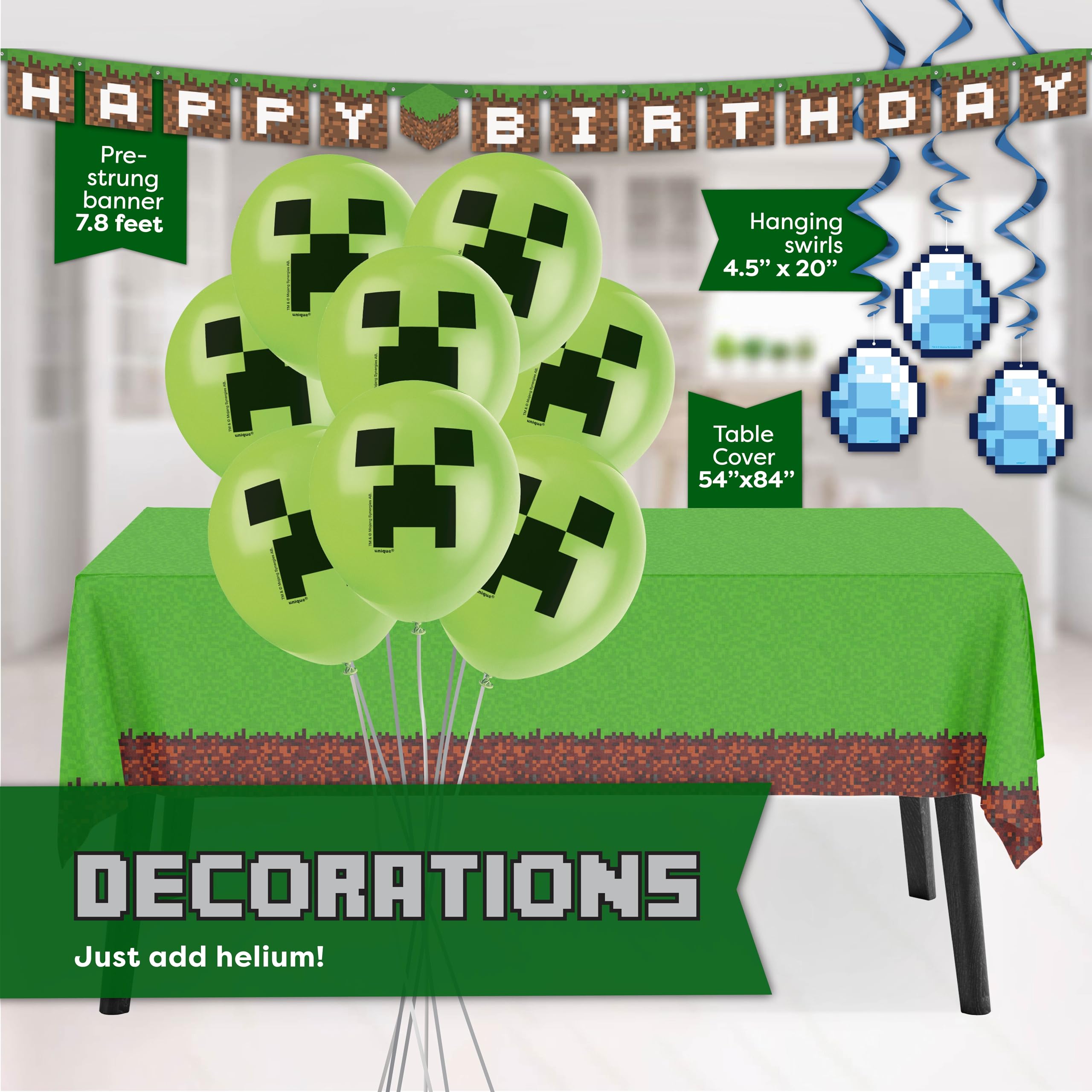 Mega Minecraft Party Supplies and Decorations Set, Minecraft Birthday Party Supplies, Serves 16 Guests, Includes Plates, Banner, Table Cover, Balloons and More