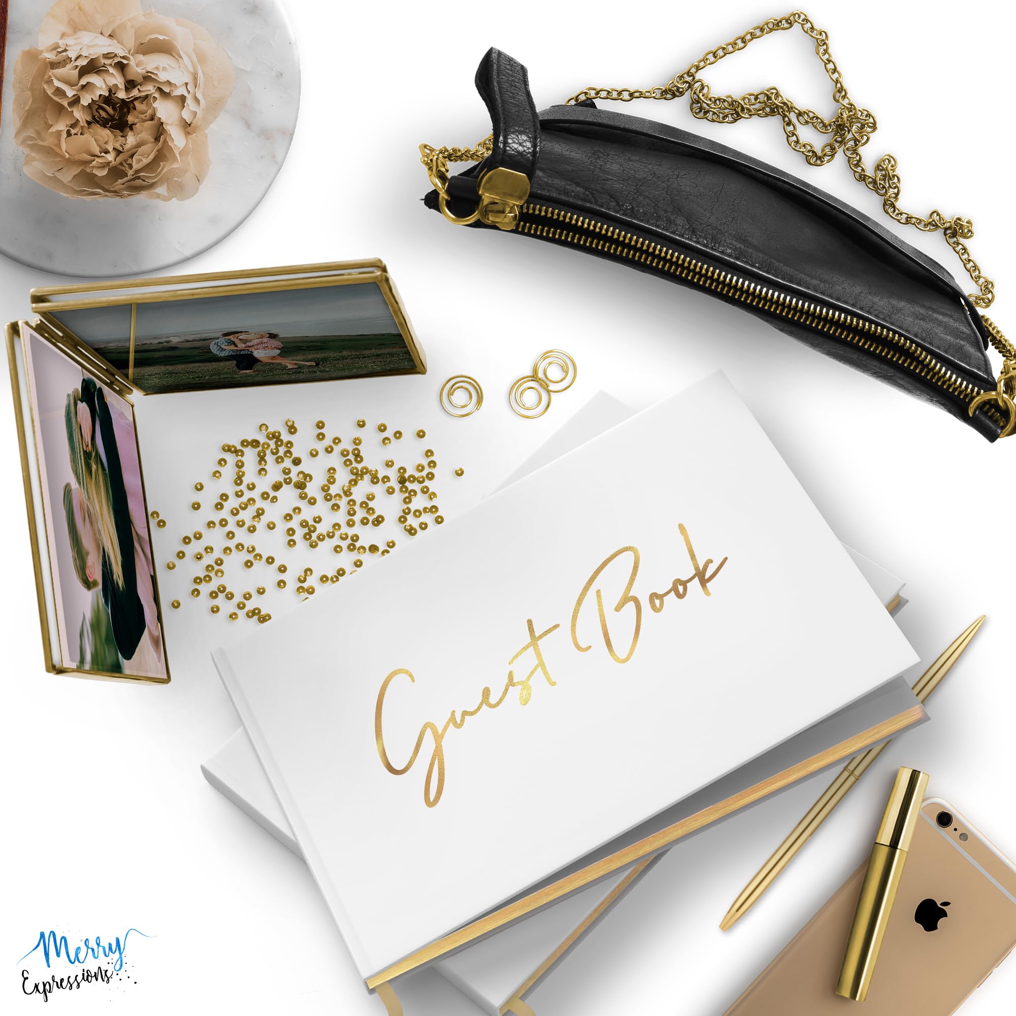 White & Gold Wedding Guest Book w/ Pen & Table Sign - Guestbook Sign in for Reception, Birthday Parties, Bridal or Baby Shower - Gilded Pages, Size 7"x9" inches - Blank Left Page for Polaroids