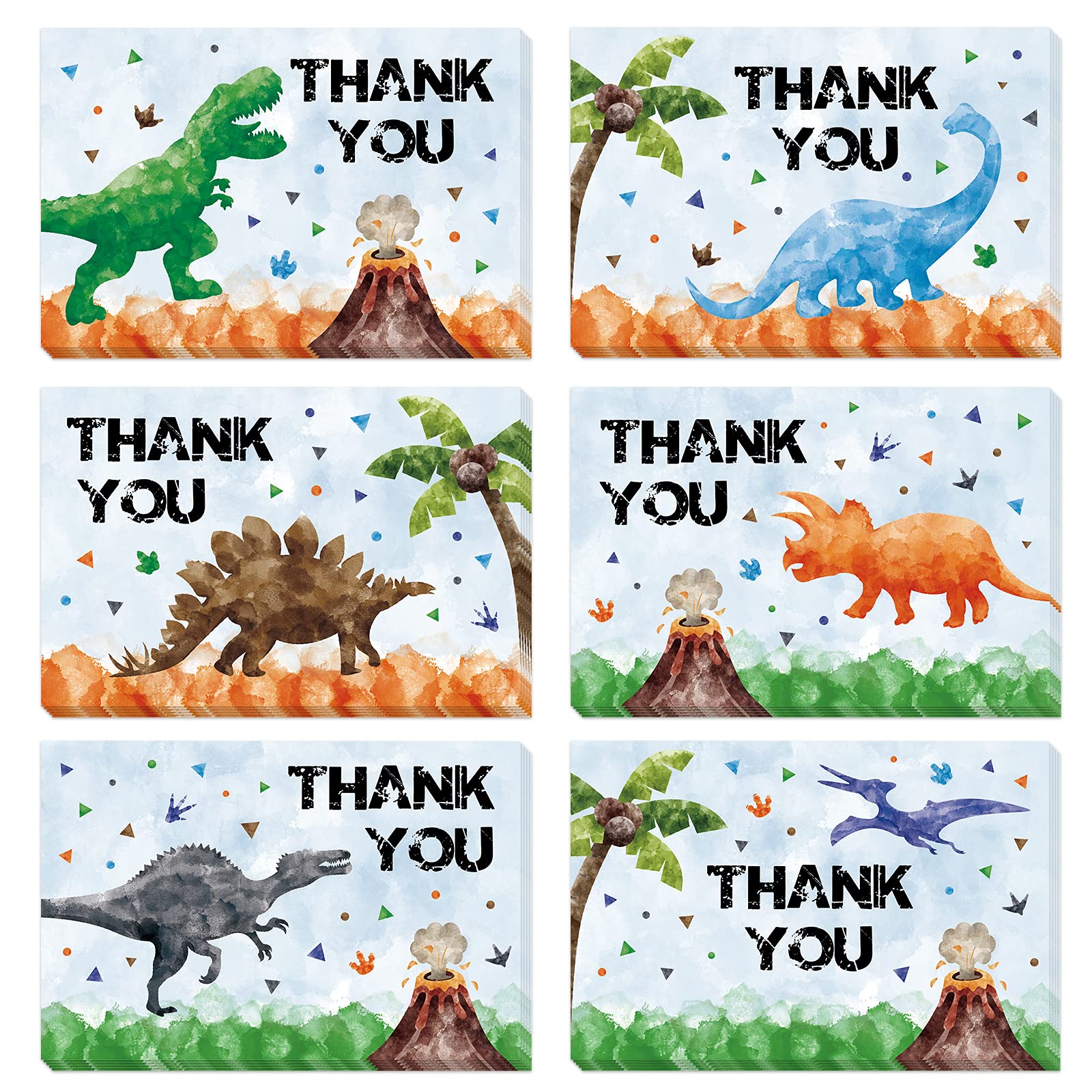 WERNNSAI Watercolor Dinosaur Kids Thank You Cards with Envelopes - Dinosaur Theme Party Supplies 24 Pcs Birthday Note Card with Dino Stickers for Boy Girl Fill in Blank Gift Cards 4'' X 6''