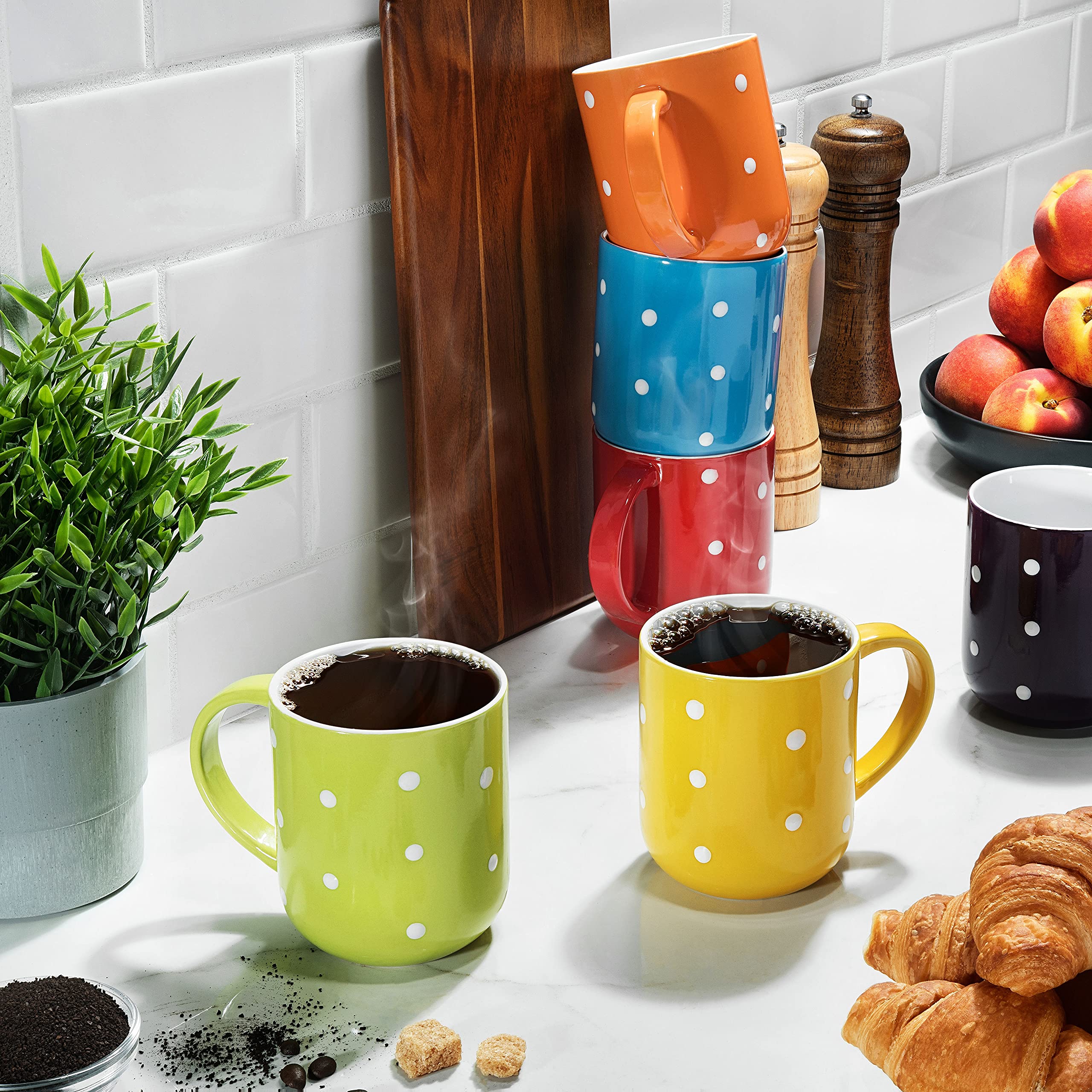 Francois et Mimi, Set of 6 Large 16 Ounce Ceramic Coffee Mugs (Polka Dot) (Colorful Polka Dot)