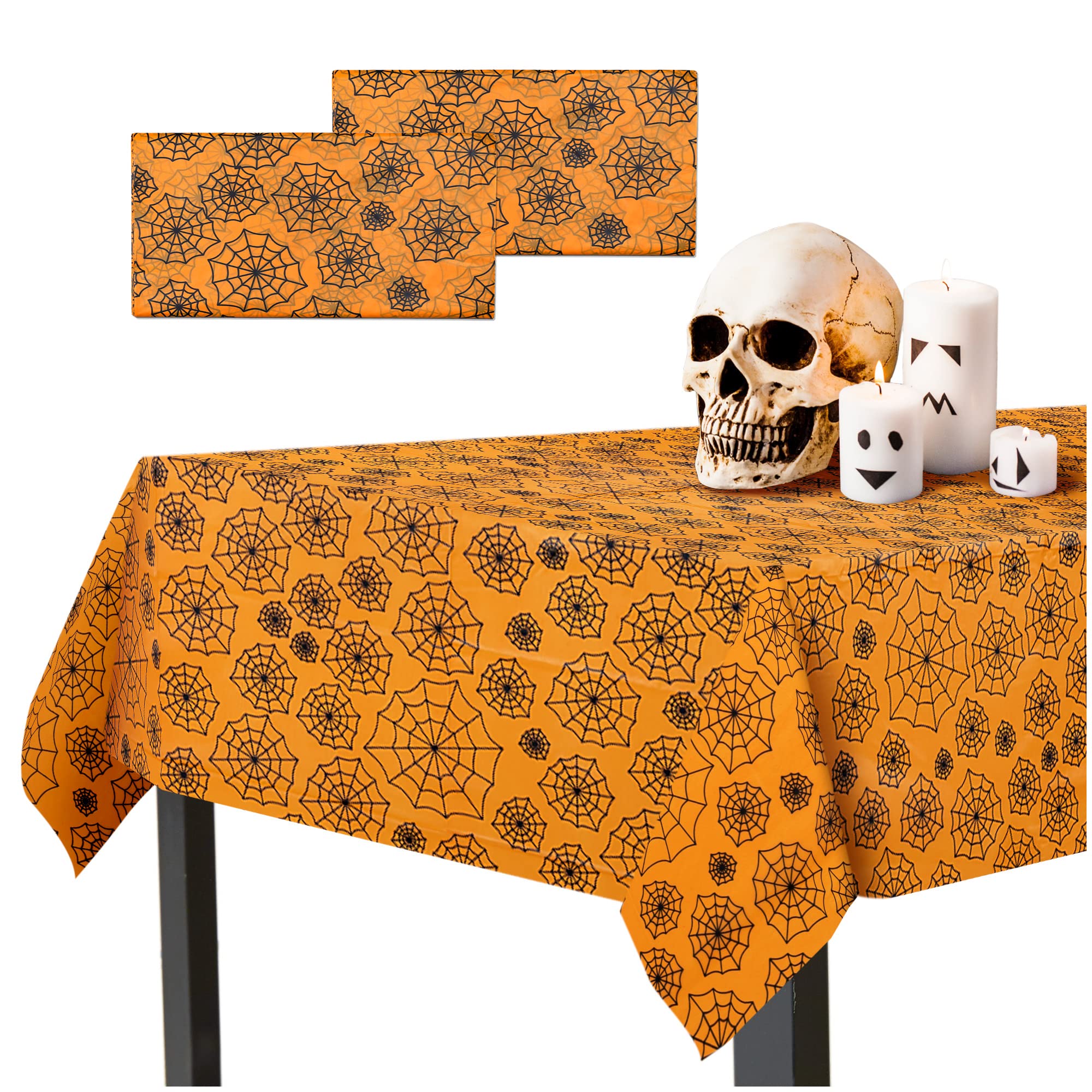 MATICAN Halloween Tablecloth, 2-Pack Disposable Halloween Table Cloths, Spider Web Plastic Table Covers, 54 x 108 Inches, Halloween Party Decorations