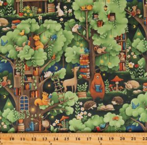 fields cotton woodland animals books library tree house forest green cotton fabric print by the yard (d563.56), 44 inches