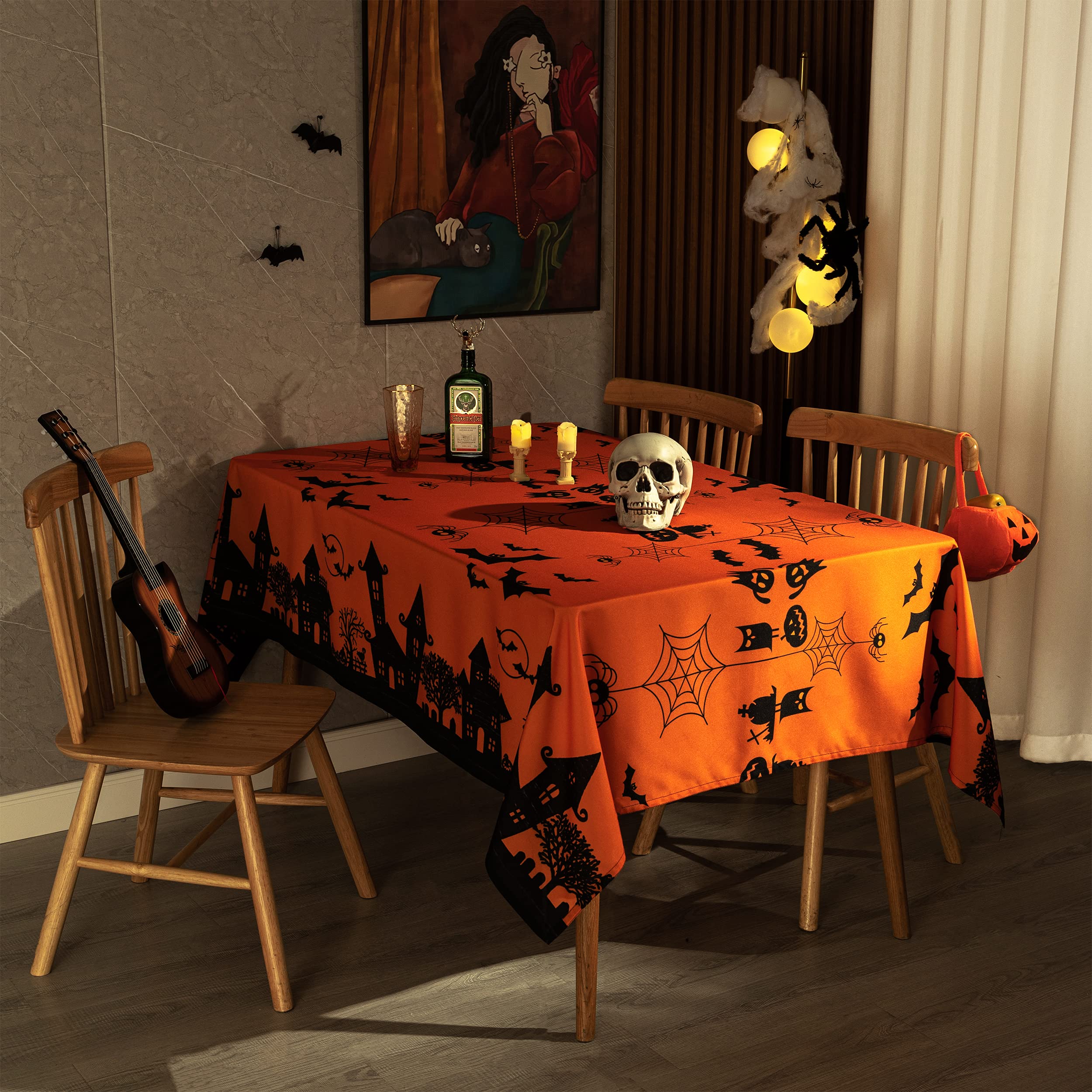 MikiUp Rectangle Halloween Tablecloth - Haunted House Decorative Holiday Table Cloth, Waterproof and Washable Fabric Table Cover for Party Kitchen Dining Room Indoor, 60 x 84 Inch