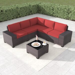 gotland outdoor patio furniture sets 6 piece patio sectional furniture all-weather outdoor patio sofa pe wicker backyard deck couch conversation chair set with table & 5 red thickened cushions