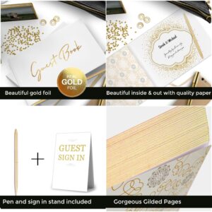 White & Gold Wedding Guest Book w/ Pen & Table Sign - Guestbook Sign in for Reception, Birthday Parties, Bridal or Baby Shower - Gilded Pages, Size 7"x9" inches - Blank Left Page for Polaroids