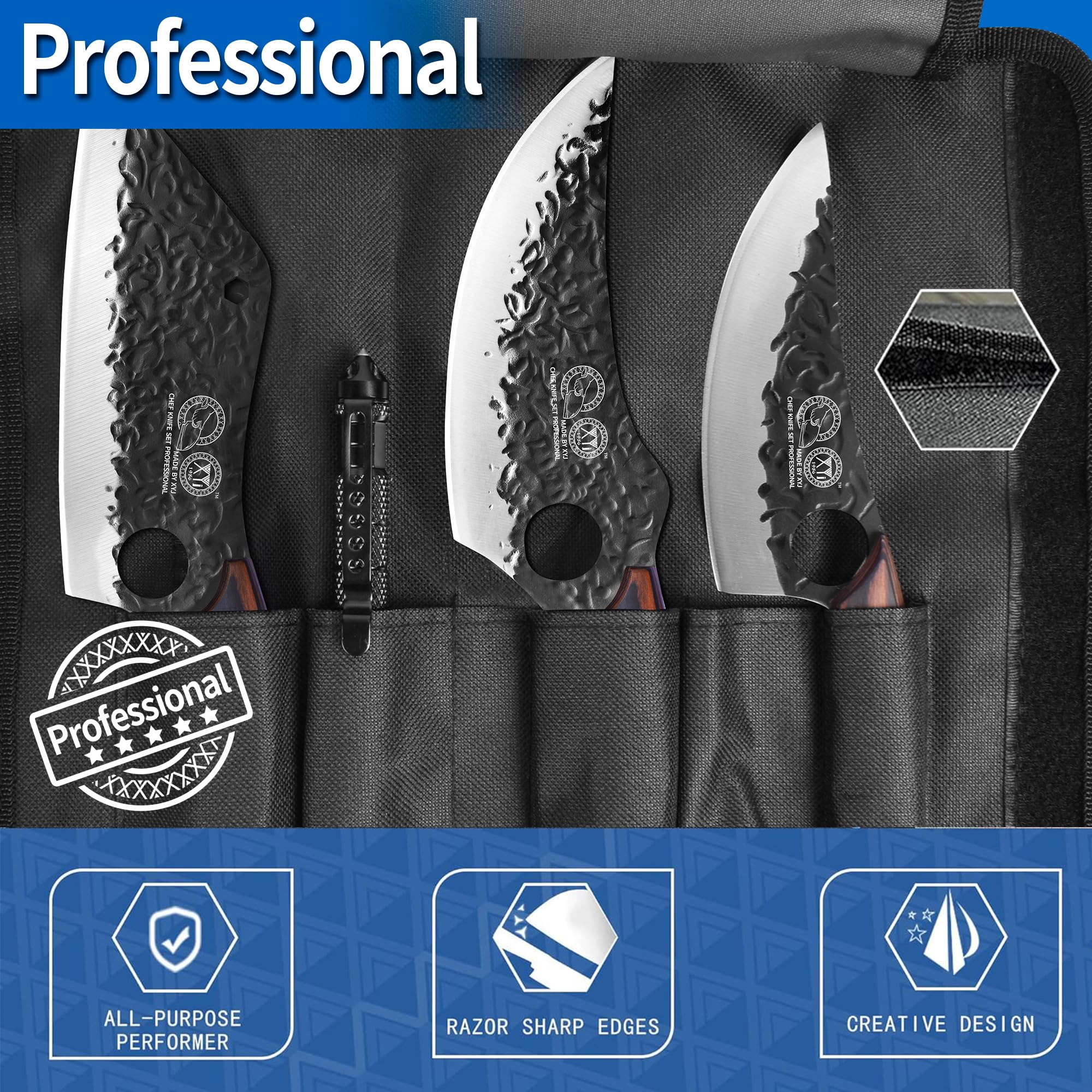 XYJ Professional Chef Knife Set with Bag Japanese Kitchen Knives Serbian Meat Cleaver for Camping Outdoor