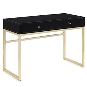 belleze modern 42 inch makeup vanity dressing table or home office computer laptop writing desk with two storage drawers, wood top, and gold metal frame - bronte (black)