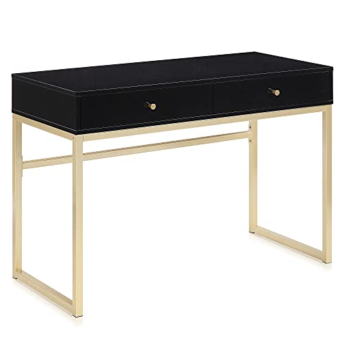 BELLEZE Modern 42 Inch Makeup Vanity Dressing Table or Home Office Computer Laptop Writing Desk with Two Storage Drawers, Wood Top, and Gold Metal Frame - Bronte (Black)