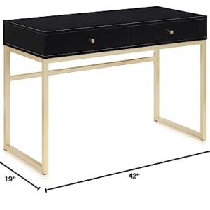 BELLEZE Modern 42 Inch Makeup Vanity Dressing Table or Home Office Computer Laptop Writing Desk with Two Storage Drawers, Wood Top, and Gold Metal Frame - Bronte (Black)