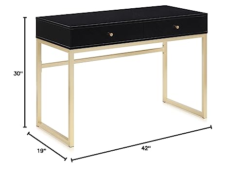 BELLEZE Modern 42 Inch Makeup Vanity Dressing Table or Home Office Computer Laptop Writing Desk with Two Storage Drawers, Wood Top, and Gold Metal Frame - Bronte (Black)