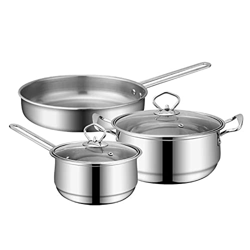 TKUS 3pcsset Stainless Steel Cookware Set Flat Bottom Frying Pan Soup Pot Milk Pot Kit Induction Cooker Cooking Pan for Home Kitchen (2)