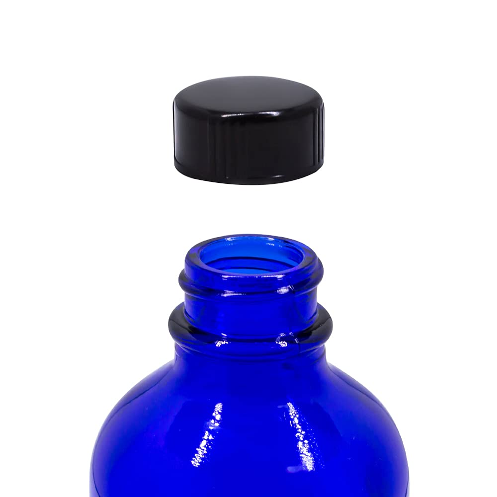 U-Pack 4 oz Cobalt Blue Glass Boston Round Bottles With Black Ribbed Cap - 12 Pack