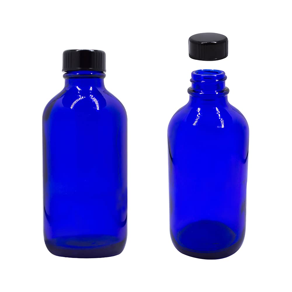 U-Pack 4 oz Cobalt Blue Glass Boston Round Bottles With Black Ribbed Cap - 12 Pack