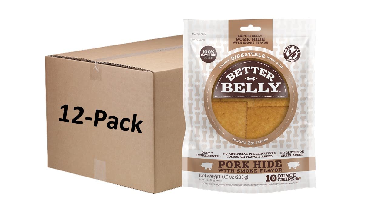 Better Belly Pork Hide Chips with Smoke Flavor, Digestible Pork Hide for Dogs (1 CASE of 12 Individual Packs of 10.0 OZ), (P-94450-1)