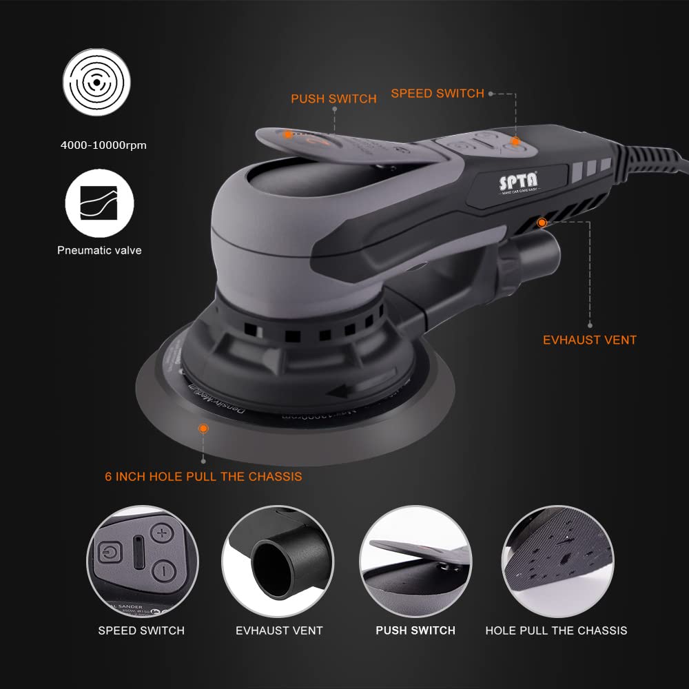 Electric Orbit Sander, SPTA 350W 150mm Random Orbit Sander, Variable Speed 4000-10000RPM, Digital Display Speed Controller, 5.0mm Orbit with Sandpapers