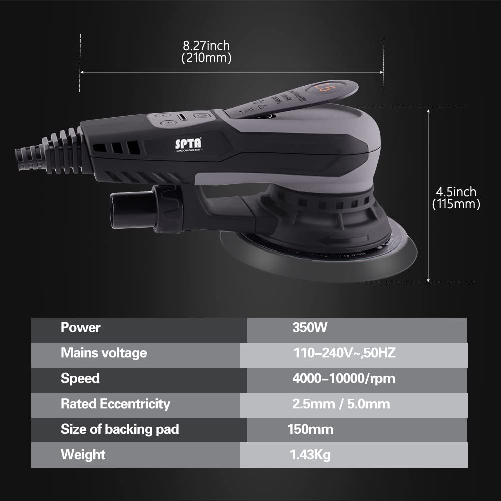 Electric Orbit Sander, SPTA 350W 150mm Random Orbit Sander, Variable Speed 4000-10000RPM, Digital Display Speed Controller, 5.0mm Orbit with Sandpapers