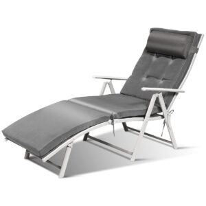 hysache folding lounge chair, patio chaise lounge w/portable design and 7 adjustable positions, outdoor lawn chair w/removable cushion and pillow for yard, poolside (gray)