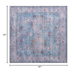 Rugs.com Maahru Collection Washable Rug – 7 Ft Square Blue Low-Pile Rug Perfect for Living Rooms, Kitchens, Entryways