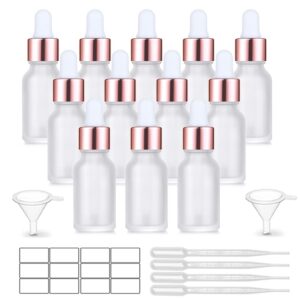 12 pack,0.5 oz matte glass dropper bottle,empty frosted essential oil dropper bottle holder with glass eye dropper,rose-golden caps perfume travel vial container-pipette,stickers,funnel included