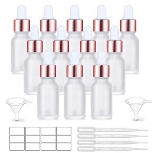 12 Pack,0.5 Oz Matte Glass Dropper Bottle,Empty Frosted Essential Oil Dropper Bottle Holder With Glass Eye Dropper,Rose-Golden Caps Perfume Travel Vial Container-Pipette,Stickers,Funnel included