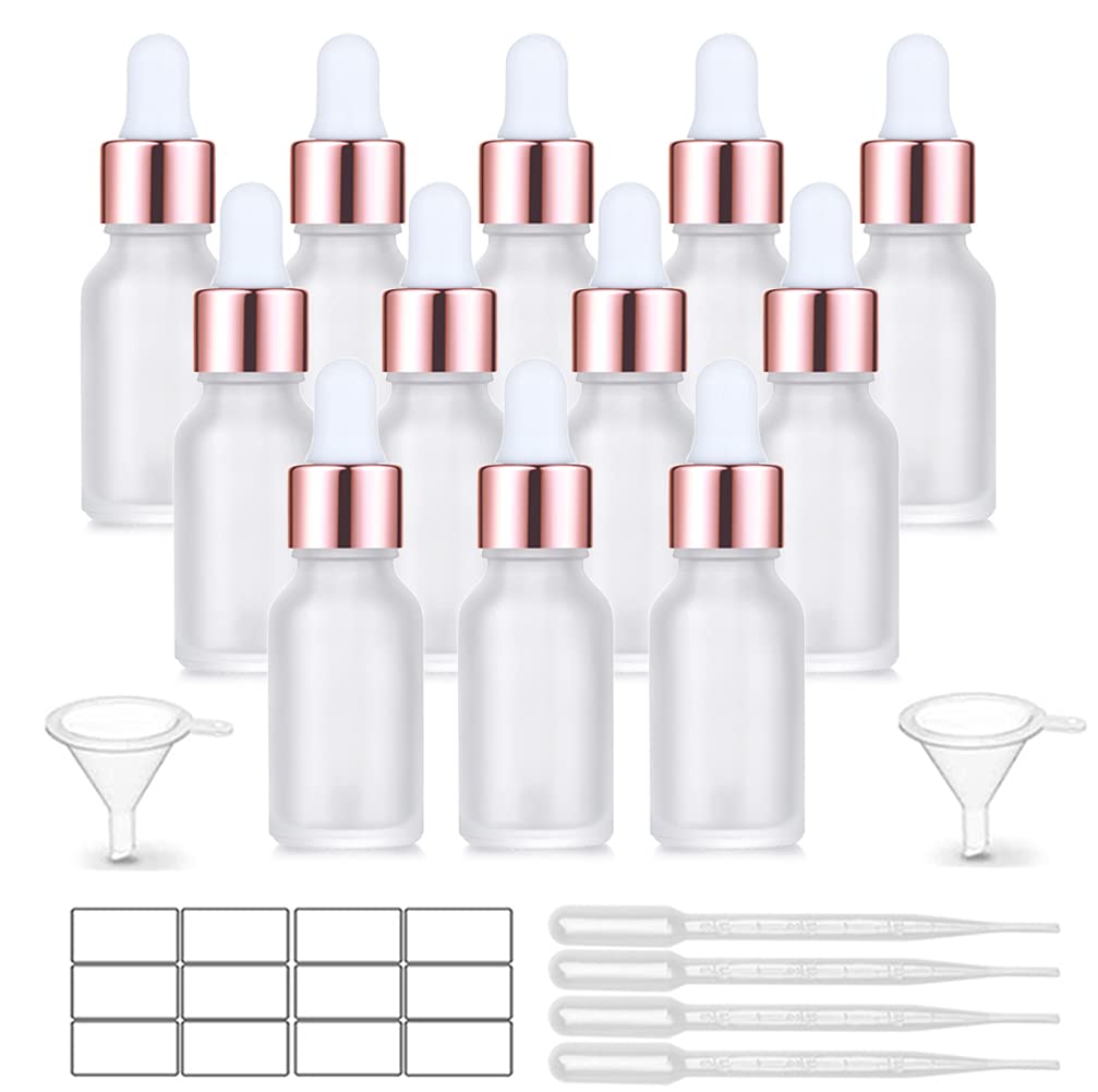 12 Pack,0.5 Oz Matte Glass Dropper Bottle,Empty Frosted Essential Oil Dropper Bottle Holder With Glass Eye Dropper,Rose-Golden Caps Perfume Travel Vial Container-Pipette,Stickers,Funnel included