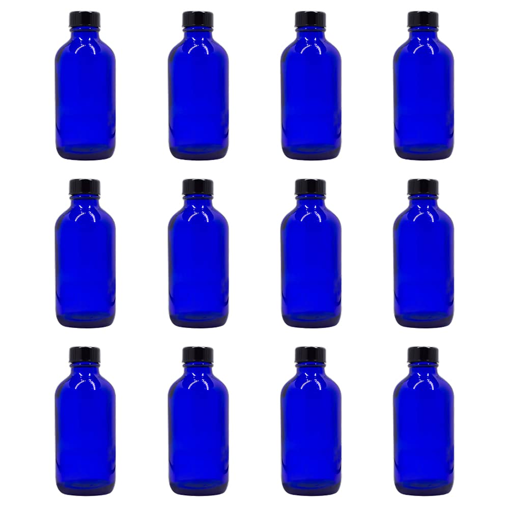 U-Pack 4 oz Cobalt Blue Glass Boston Round Bottles With Black Ribbed Cap - 12 Pack