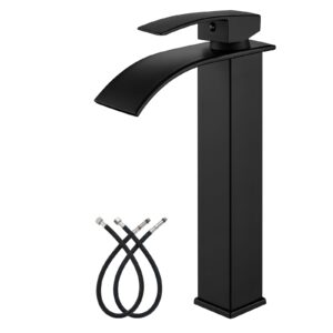 gotonovo waterfall tall bathroom faucet single handle bathroom faucets for sink 1 hole stainless steel vessel sink faucet modern mixer tap wash basin faucet without pop up drain, matte black