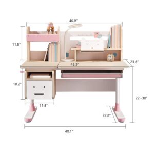 FCD Kids Desk and Chair Set, Ergonomic Wood Adjustable Kids Study Desk with Bookshelf, Tiltable Desktop, Tablet Holder and Drawers for Writing, Reading and Drafting (Desk and Chair, Pink)