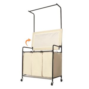 tonchean Laundry Hamper, 3 Section with Ironing Board, Removable Hanging Bar & Bags, Rolling Laundry Cart, 59"H x 29"L x 17"W, Yellow