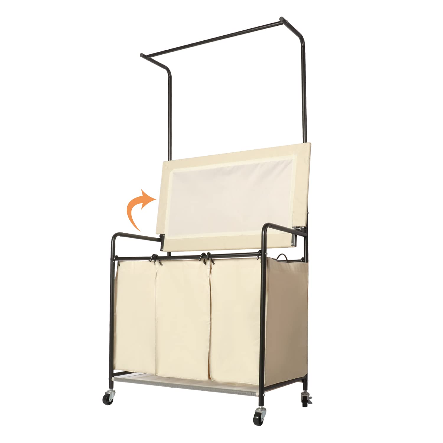 tonchean Laundry Hamper, 3 Section with Ironing Board, Removable Hanging Bar & Bags, Rolling Laundry Cart, 59"H x 29"L x 17"W, Yellow