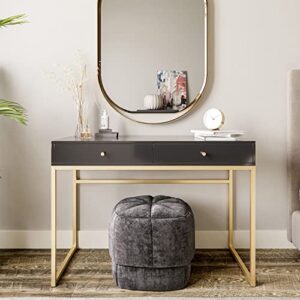 BELLEZE Modern 42 Inch Makeup Vanity Dressing Table or Home Office Computer Laptop Writing Desk with Two Storage Drawers, Wood Top, and Gold Metal Frame - Bronte (Black)