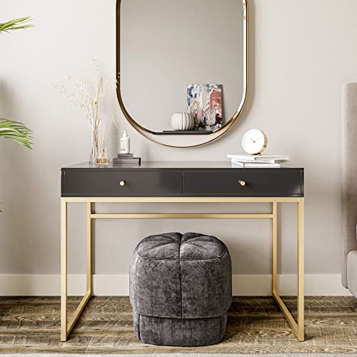 BELLEZE Modern 42 Inch Makeup Vanity Dressing Table or Home Office Computer Laptop Writing Desk with Two Storage Drawers, Wood Top, and Gold Metal Frame - Bronte (Black)