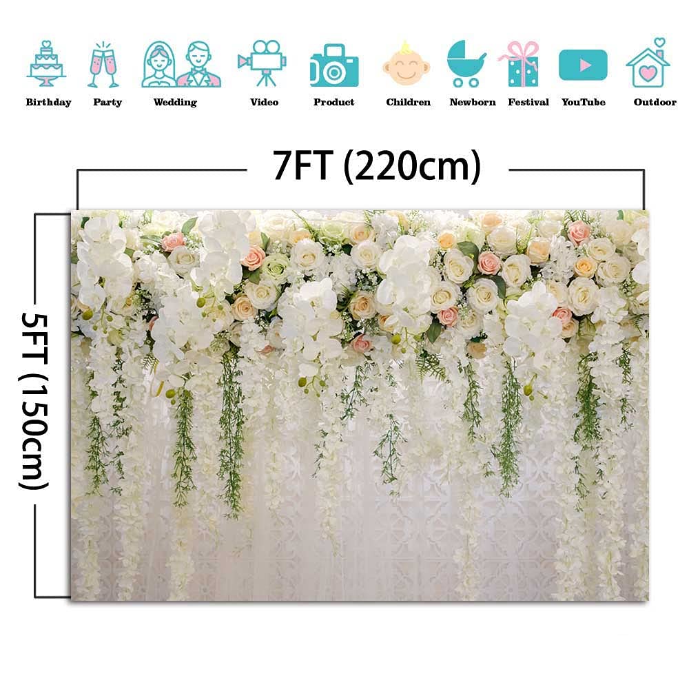 YQ 7x5ft White Rose Floral Photography Backdrops Bridal Shower Wedding Flowers Wall Decoration Photo Background Girl Woman Birthday Party Banner Baby Shower Cake Table Decor Studio Props Booth