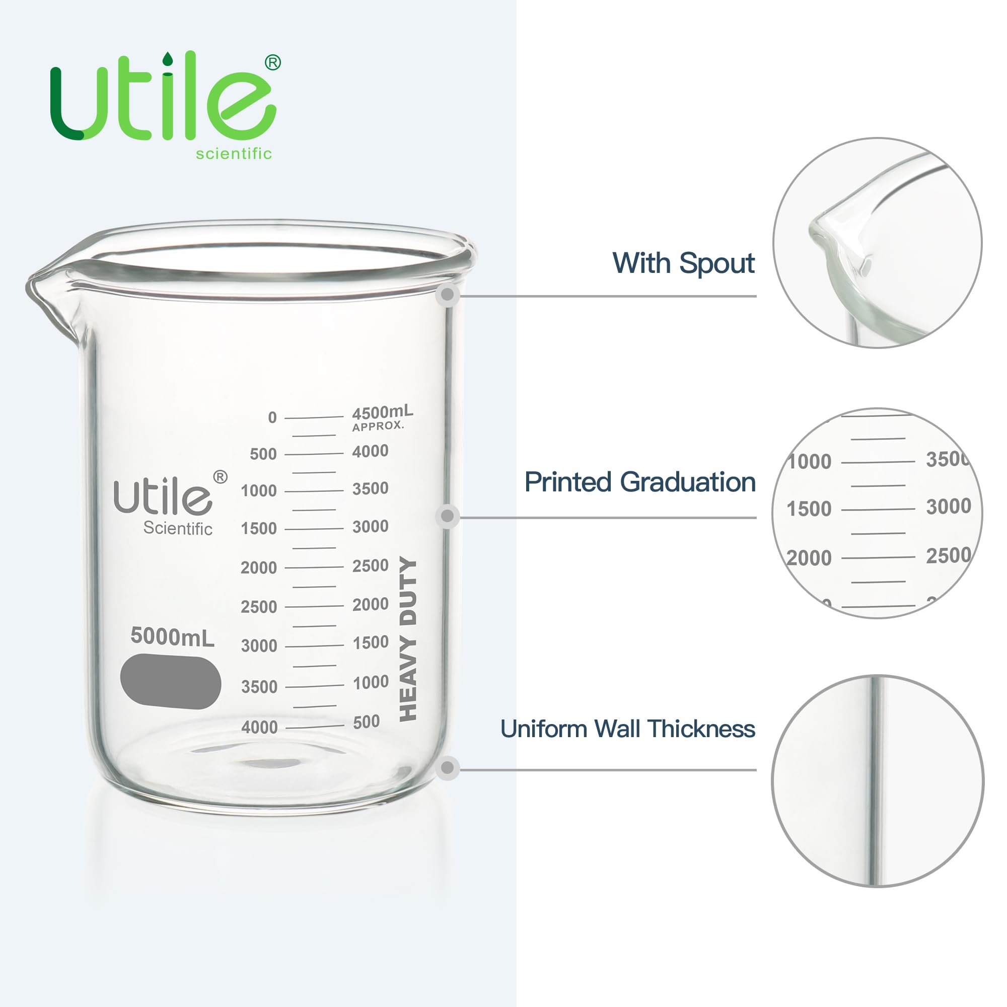 Utile 169.1oz(5000ml) Low Form Glass Beakers, Borosilicate 3.3 Glass with Printed Graduation, 4000.5000.1