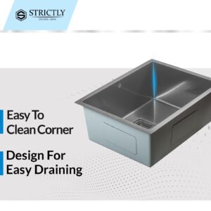 Strictly Sinks 23 Inch Undermount Kitchen Sink – Silver Single Bowl 16 Gauge Stainless Steel Bar Prep Kitchen Sink Stain Resistant – With 1 Square Disposal Adapter, 1 Strainer Drain & Bottom Grid