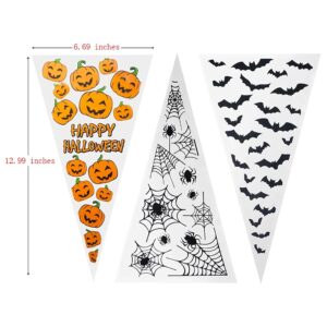 Halloween Bags for Candy 150Pc Cellophane Cone Treat Bags with Twist Tie (Bat Spider Web Pumpkin Candy Cone Bags)