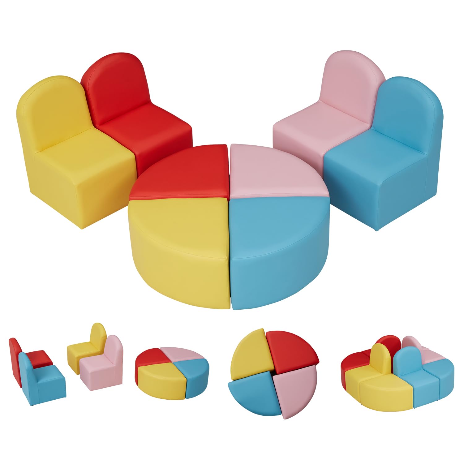 KINBOR BABY Kids Modular Flexible Seating Set Children's Area Sofa Soft Stool Cartoon Leather Chair for Toddlers Soft Foam Play 8 PCs Kids sectional Sofa Chair for Classroom Kindergarten Library