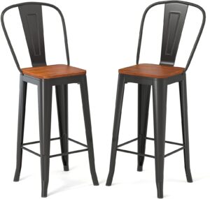 aiho bar stools 30” dining chairs outdoor patio bistro set of 2 metal height bar stools with wood seat and removable backrest, gloss black