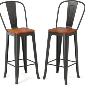 Aiho Bar Stools 30” Dining Chairs Outdoor Patio Bistro Set of 2 Metal Height Bar Stools with Wood Seat and Removable Backrest, Gloss Black