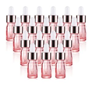 18 pack,5ml 1/6oz pink glass dropper bottle for essential oils,empty glass eye dropper bottle holder with glass pipette,rose-golden caps cosmetic perfume sample vial container-pipette,stickers,funnel included