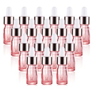 18 Pack,5ml 1/6oz Pink Glass Dropper Bottle for Essential Oils,Empty Glass Eye Dropper Bottle Holder With Glass Pipette,Rose-Golden Caps Cosmetic Perfume Sample Vial Container-Pipette,Stickers,Funnel Included